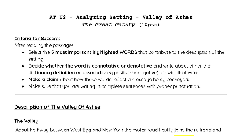 AT W2 Analyzing the Valley of Ashes in The Great Gatsby (10pts) - Studocu