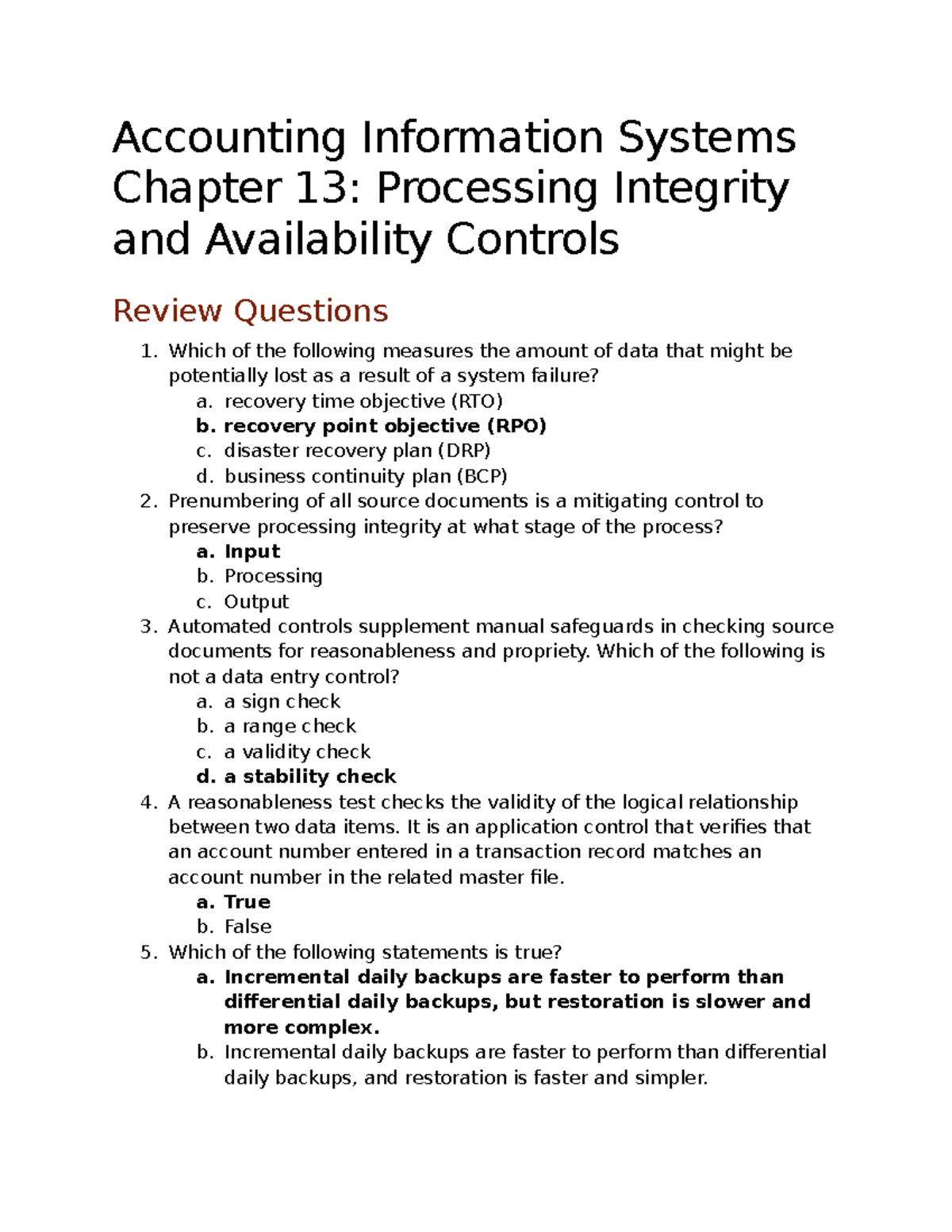 Accounting Information Systems (AIS) Chapter 13: Processing Integrity ...