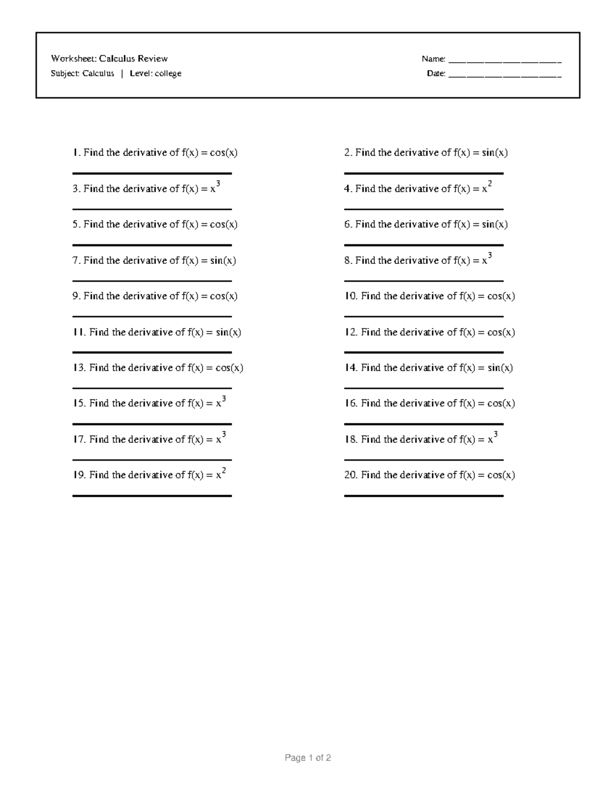 Calculus Review Worksheet: Derivatives Practice (Calc 101) - Studocu