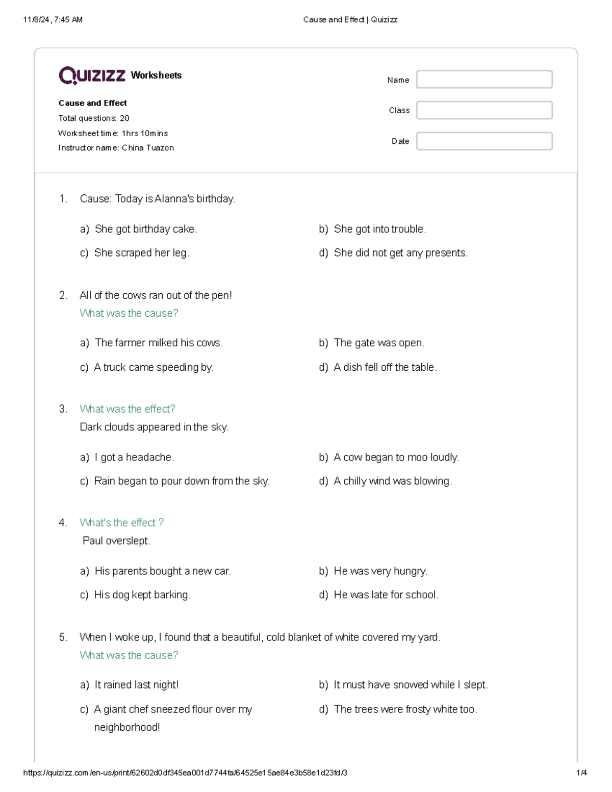 Quizizz - Cause and Effect Worksheet (20 Questions) - Studocu