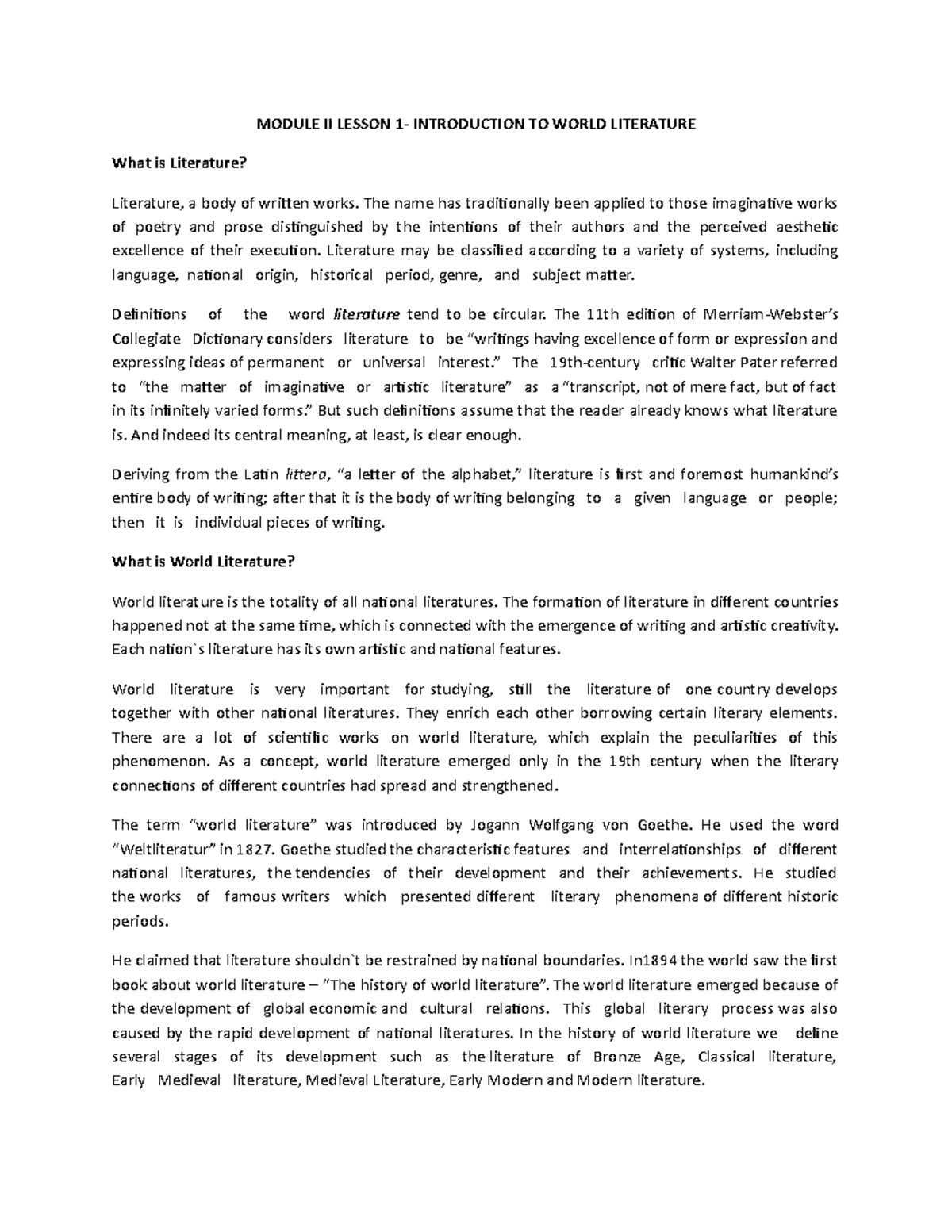 Worl - World Lit module - MODULE II LESSON 1- INTRODUCTION TO WORLD ...