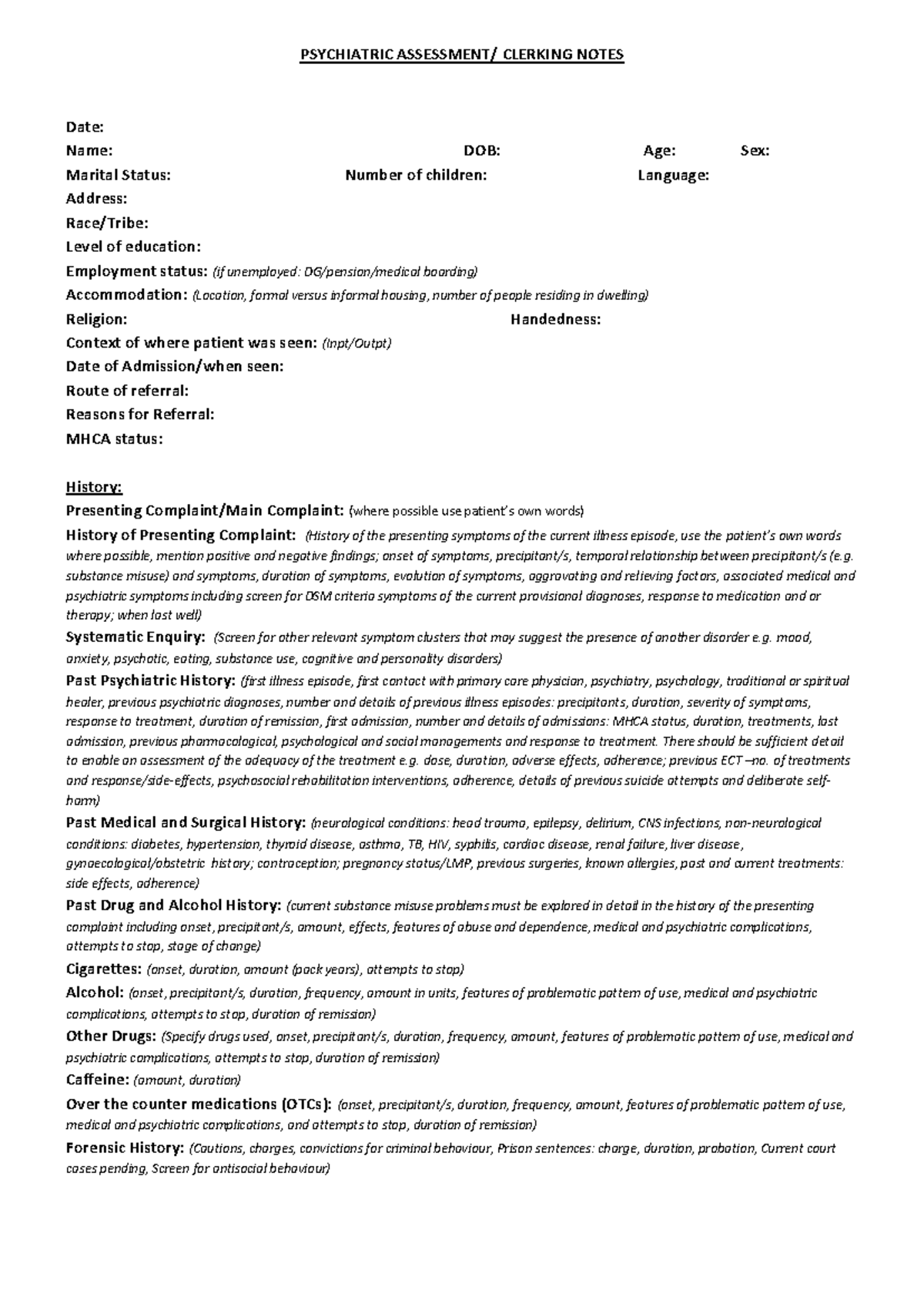 Complete Psychiatric Assessment and Clerking Notes - PSYCHIATRIC ...