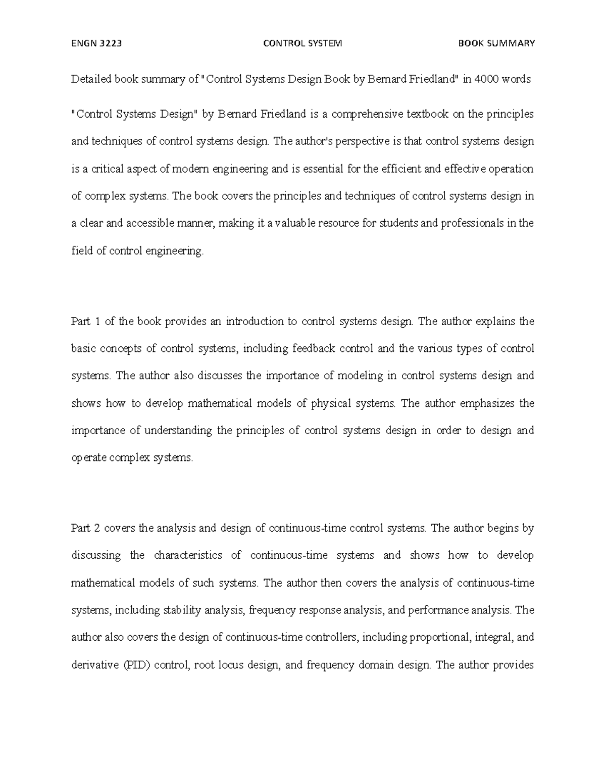 Detailed book summary of Control Systems Design - The author's ...