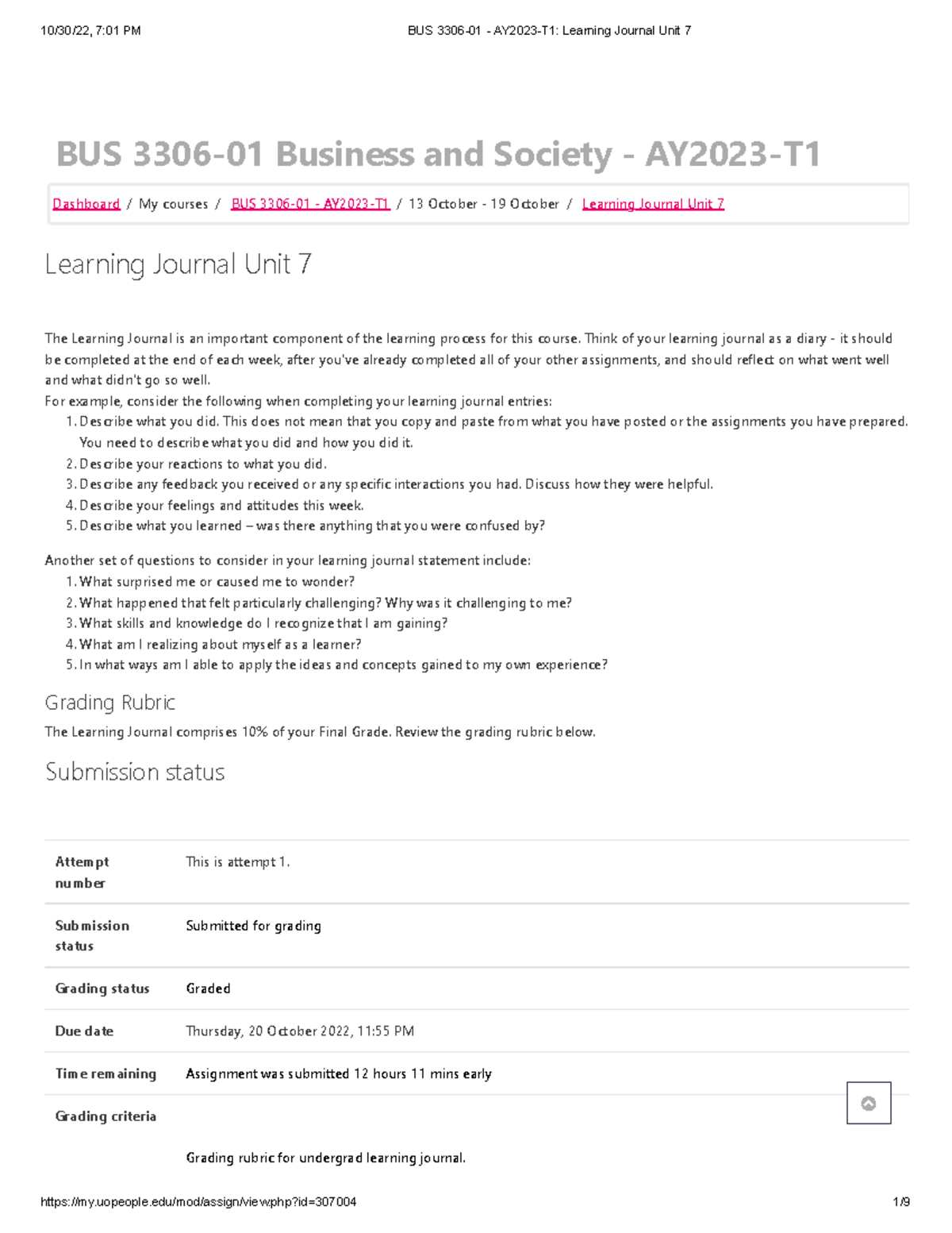 BUS 3306-01 - AY2023-T1 Learning Journal Unit 7 - BUS 3306-01 Business ...