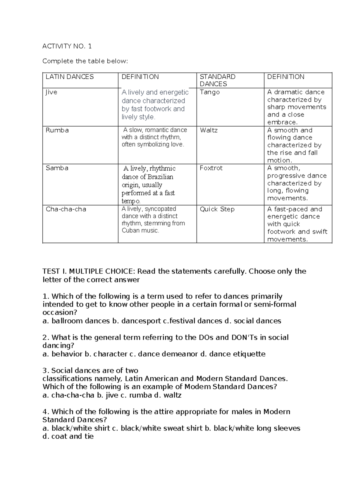 ACTIVITY NO. 1: Latin and Standard Dances Definitions & Social Dance ...