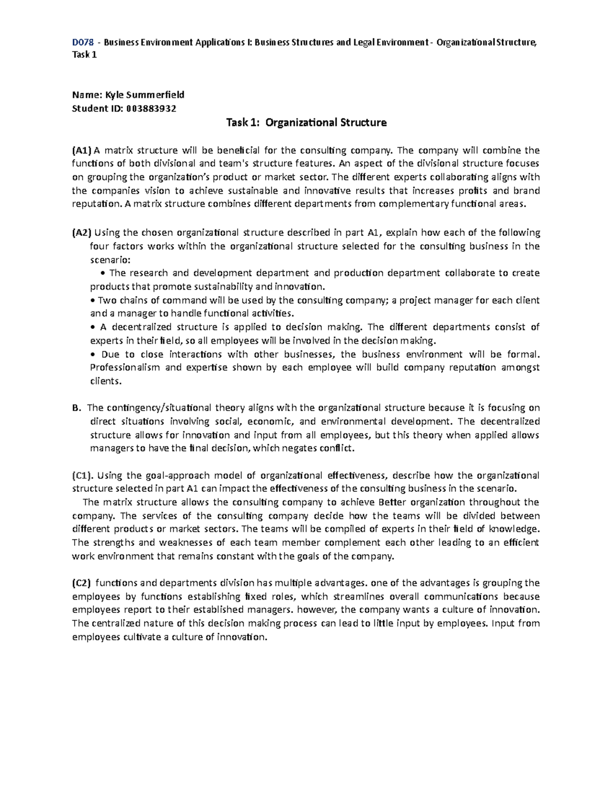 D078 Task 1 - D078 Task 1 - D078 - Business Environment Applications I ...