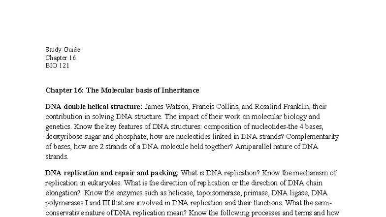 Chapter 16 Study Guide: Molecular Basis of Inheritance - BIO 121 - Studocu