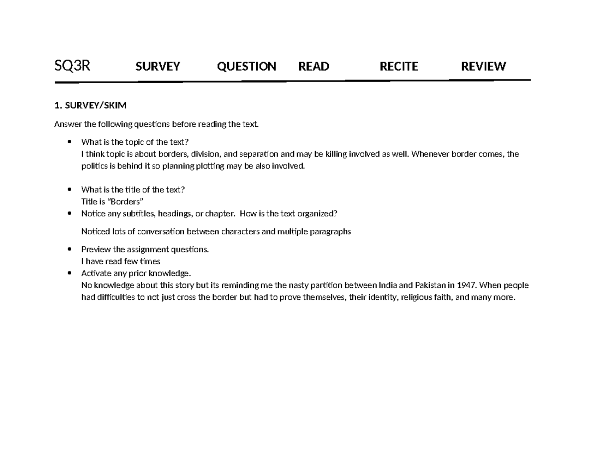 SQ3R Guide on Borders: Survey, Question, Read, Recite, Review - Studocu