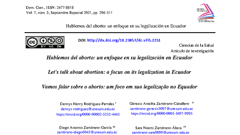 Dom. Cien. 7(5): Legalización del Aborto en Ecuador: Un Análisis - Studocu