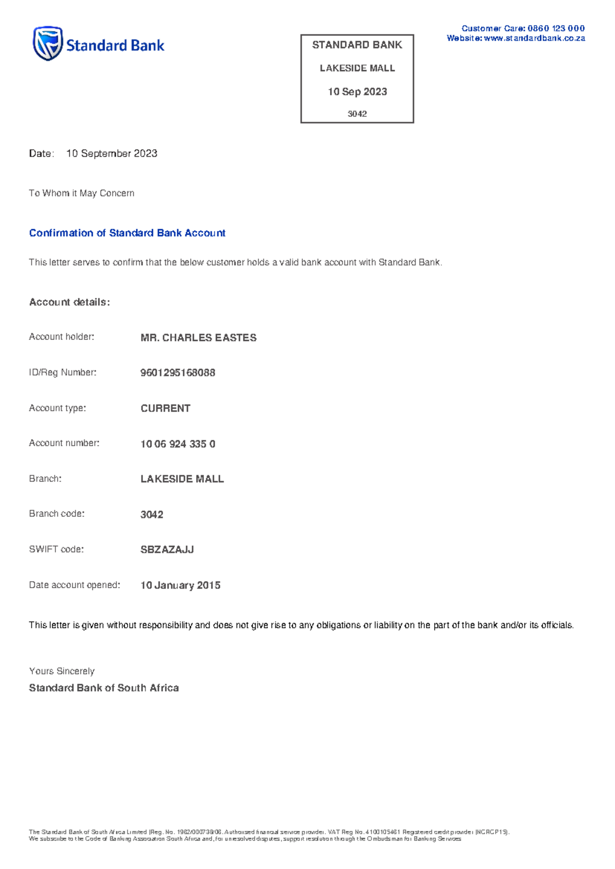 SBSA Confirmation Letter - Customer Account Details (2023) - Studocu