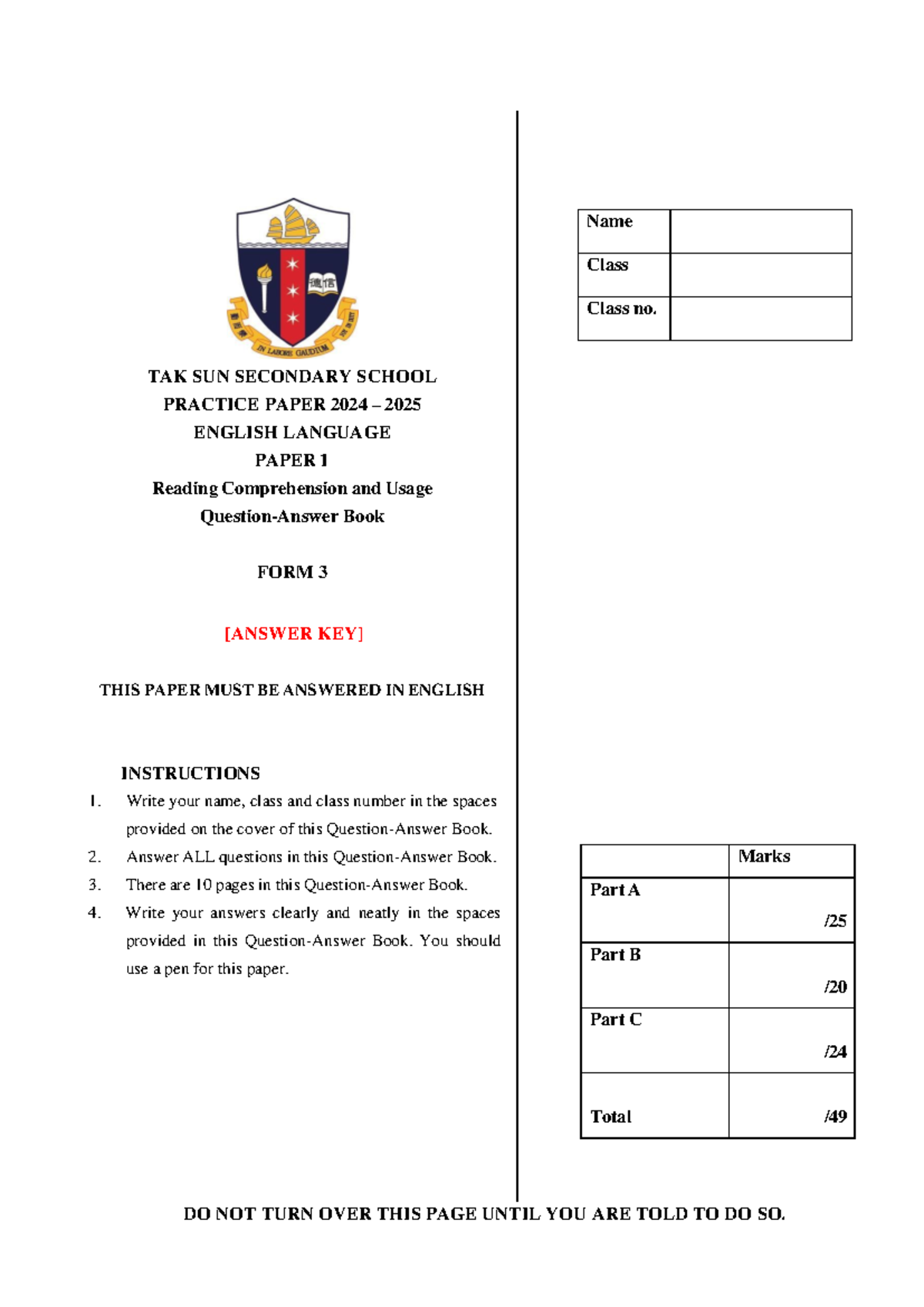 F3-P1-2024-2025 English Language Practice Paper: Reading Comprehension ...