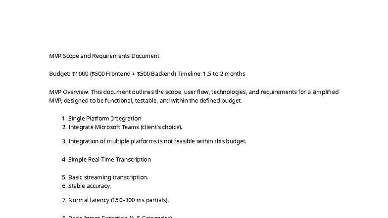 MVP Scope & Requirements Document: Budget & Timeline Overview - Studocu