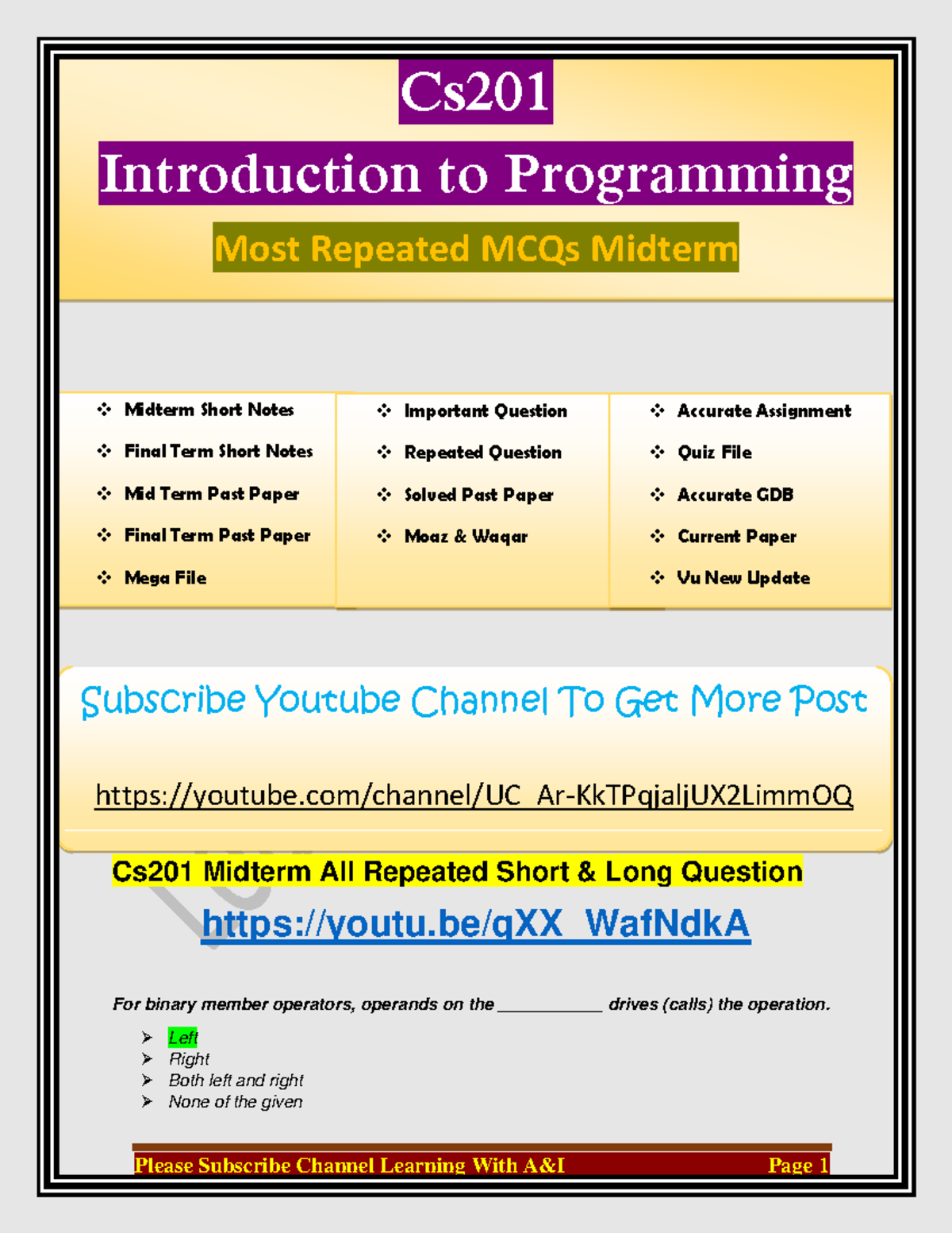 Cs201-Mcqs-midterm - Cs201 Midterm All Repeated Short & Long Question youtu/qXX_WafNdkA For ...