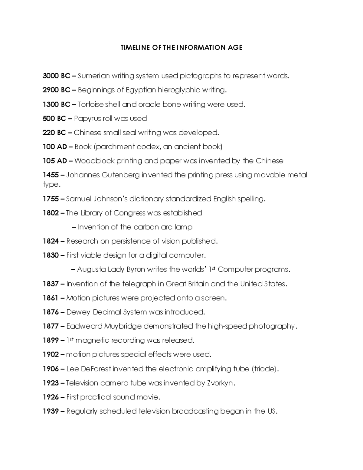 Timeline of the Information Age: Key Milestones and Developments - Studocu
