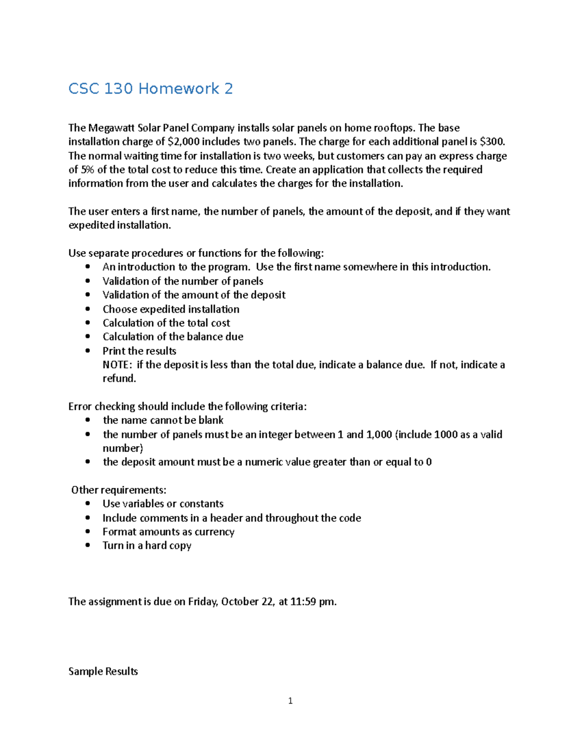 CSC 130 Homework 2 - Solar Panels - CSC 130 Homework 2 The Megawatt ...