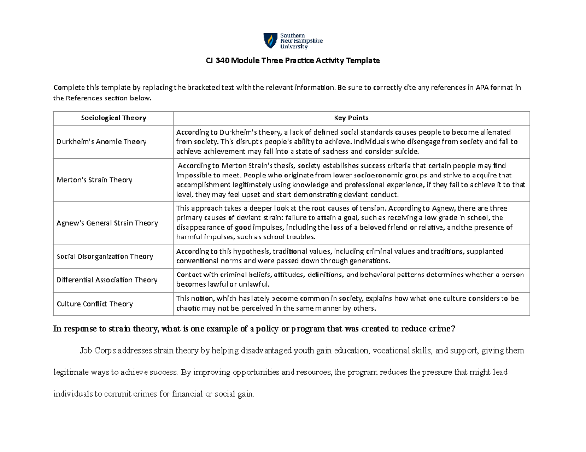 CJ 340 Module Three Practice Activity: Sociological Theories & Crime ...