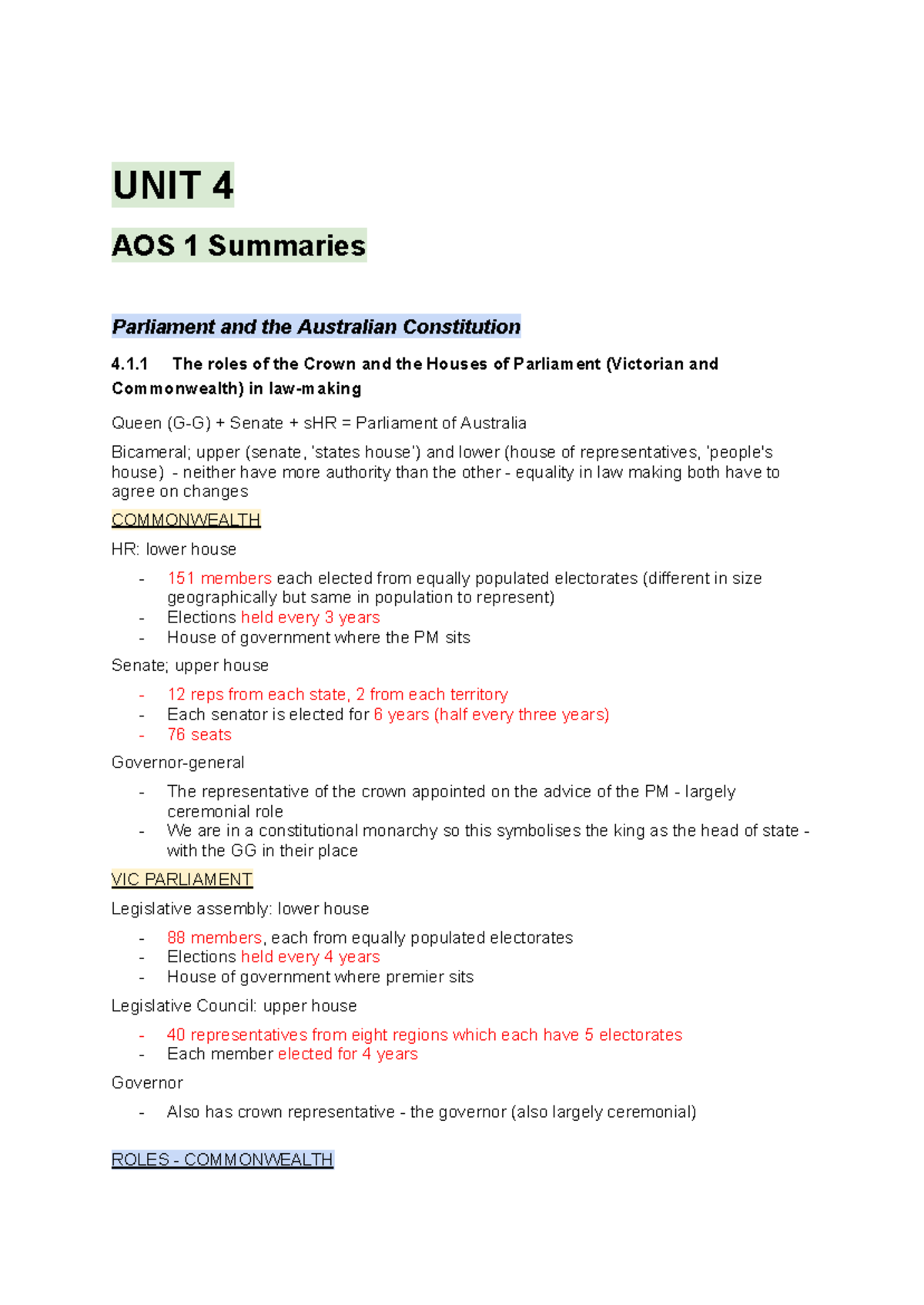 Unit 4 AOS 1: Summaries on Parliament & the Australian Constitution ...