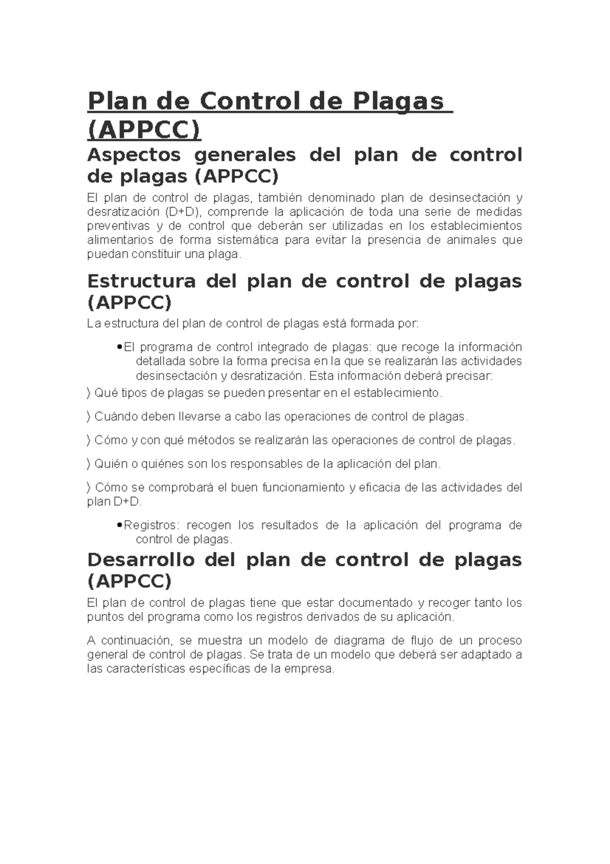 Plan de Control de Plagas - Plan de Control de Plagas (APPCC) Aspectos generales del plan de ...