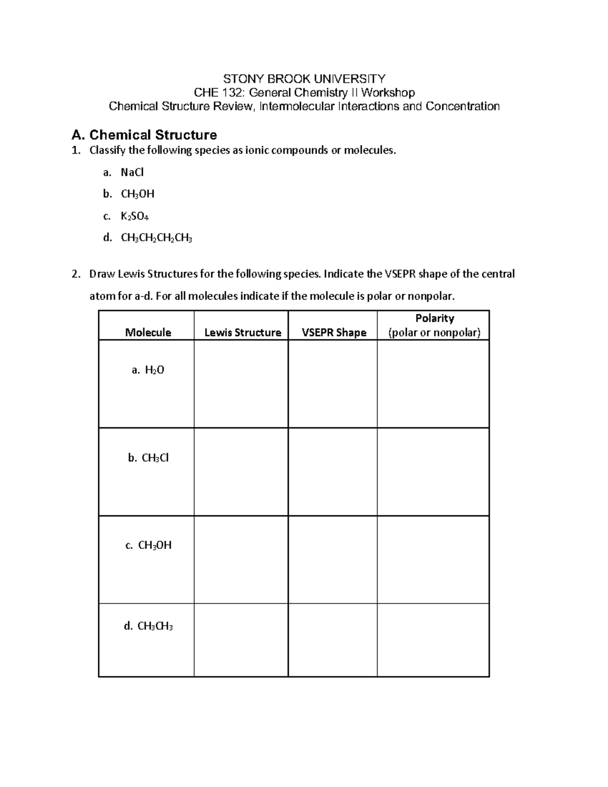 CHE 132: General Chemistry II Workshop - Chemical Structure ...