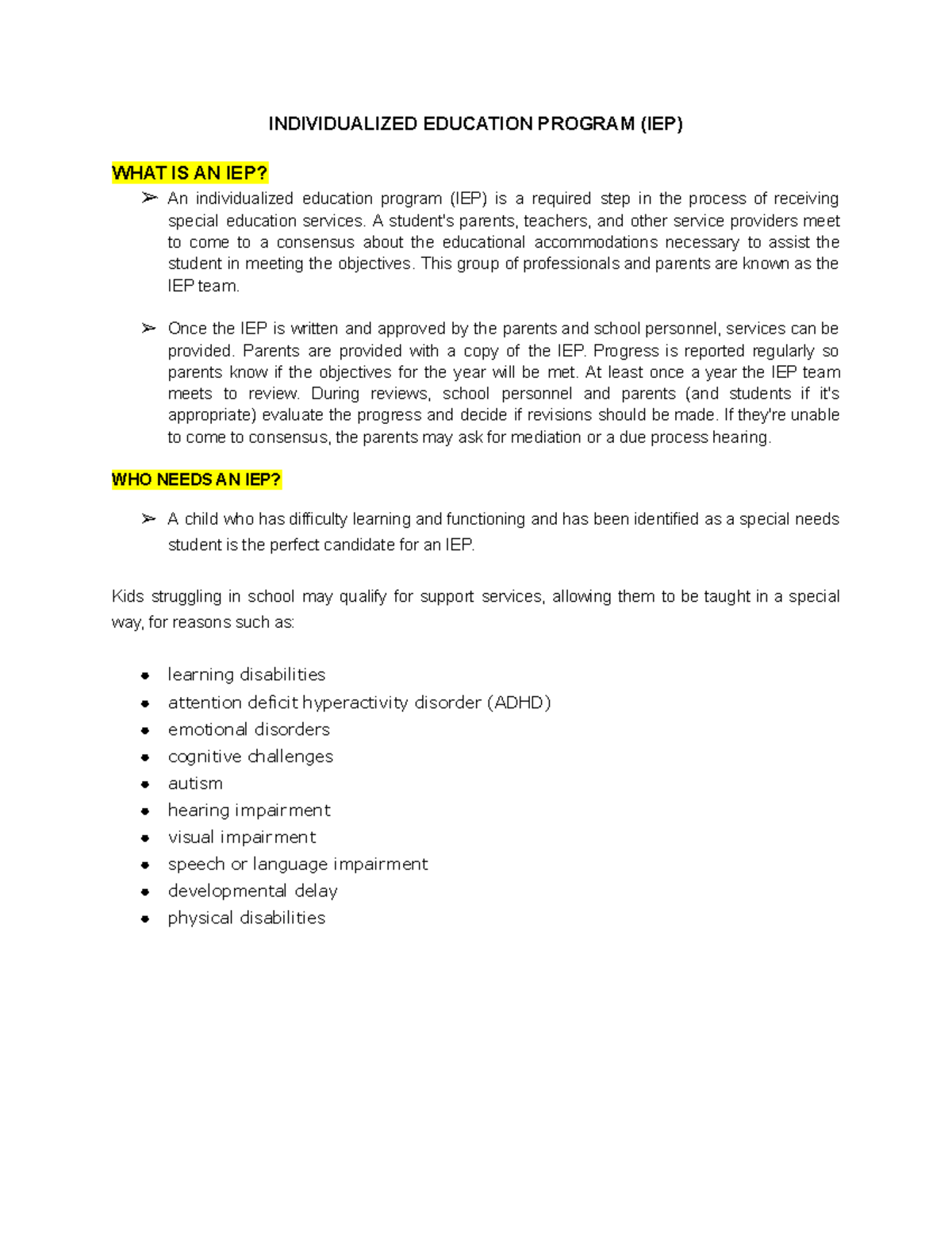 IEP Overview and Guidelines for Special Education Services - Studocu