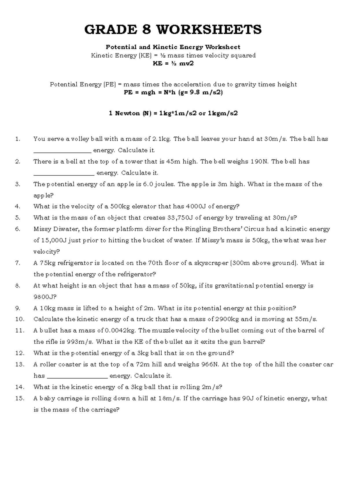Grade 8 Energy Worksheets: Potential & Kinetic Problems - Studocu