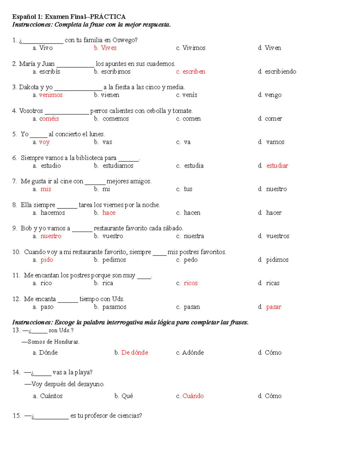 SP 1 Practice Final 2017 Answers - Español 1: Examen Final-PRÁCTICA ...