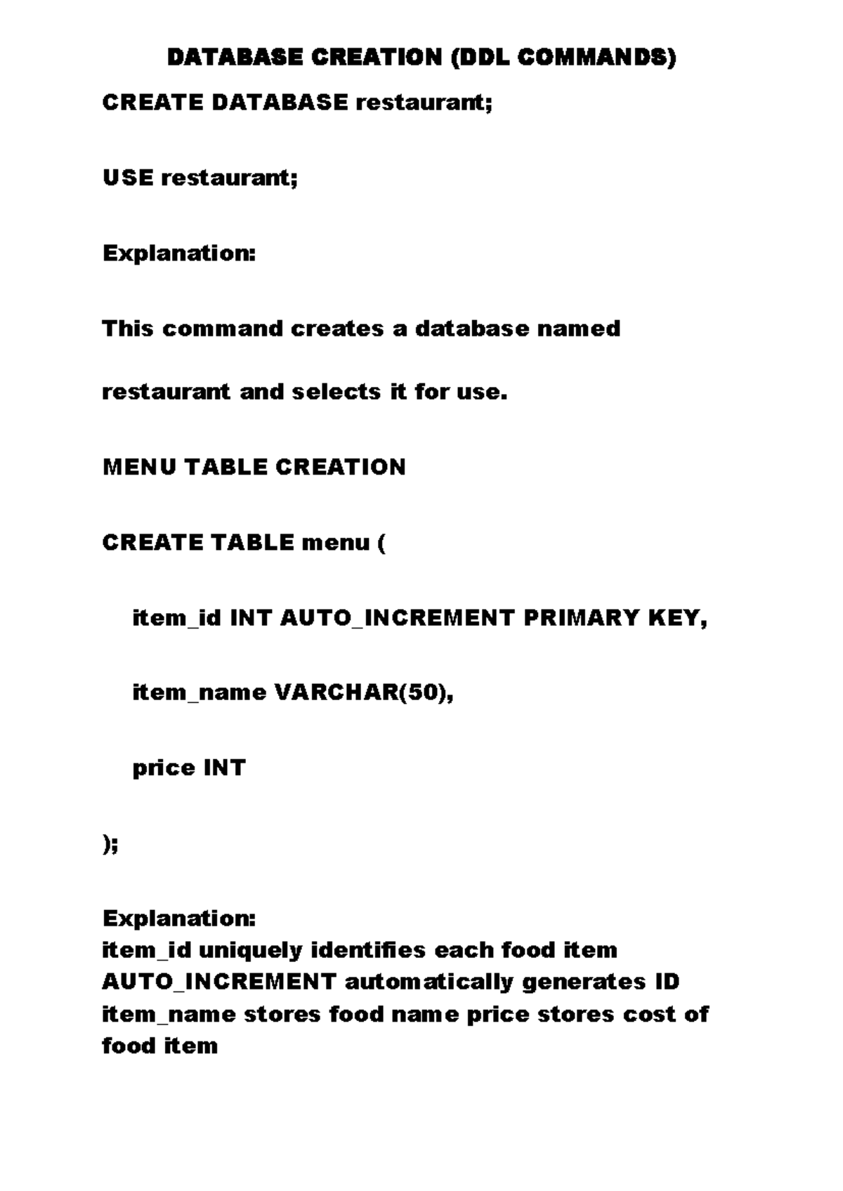 DATABASE CREATION PROJECT (DDL & DML COMMANDS) - Studocu