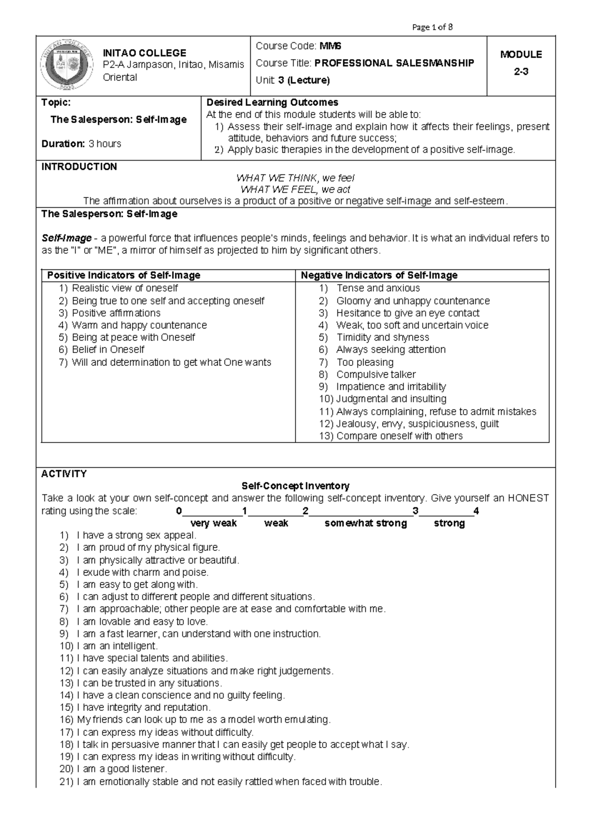 MM6 Professional Salesmanship Module 2-3: Desired Learning Outcomes ...