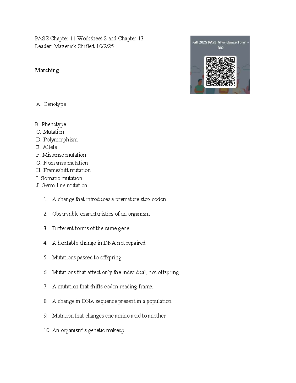PASS Biology Chapter 11 & 13 Mutation Concepts Worksheet - Studocu