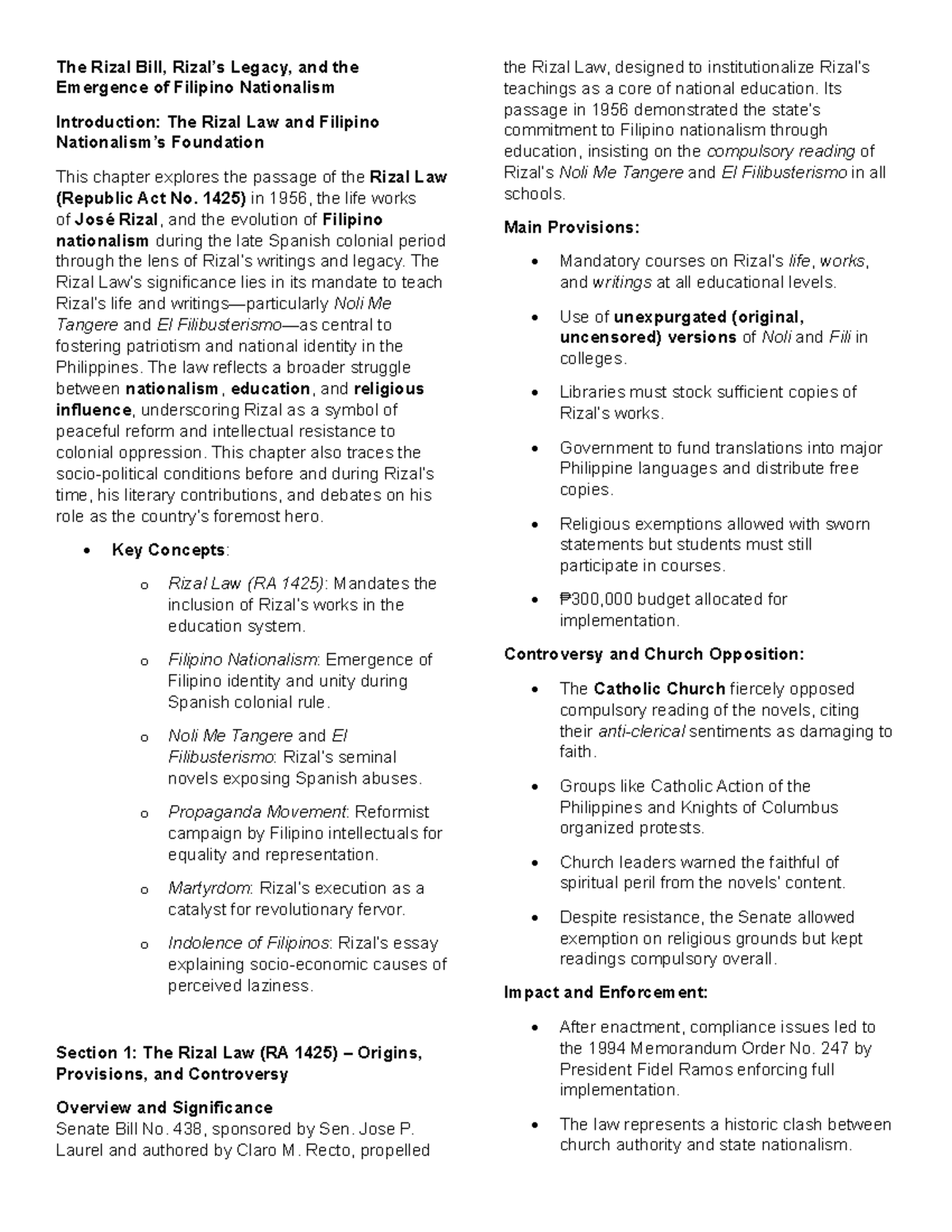 Rizal Law (RA 1425): Legacy and Impact on Filipino Nationalism - Studocu
