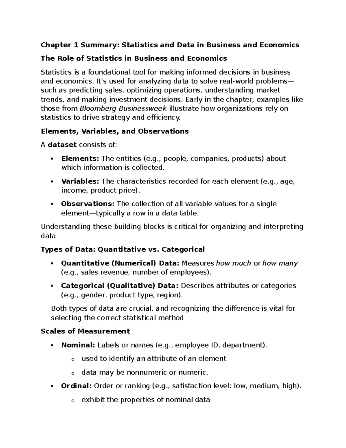 Chapter 1 Summary: Statistics & Data in Business (BUS 101) - Studocu