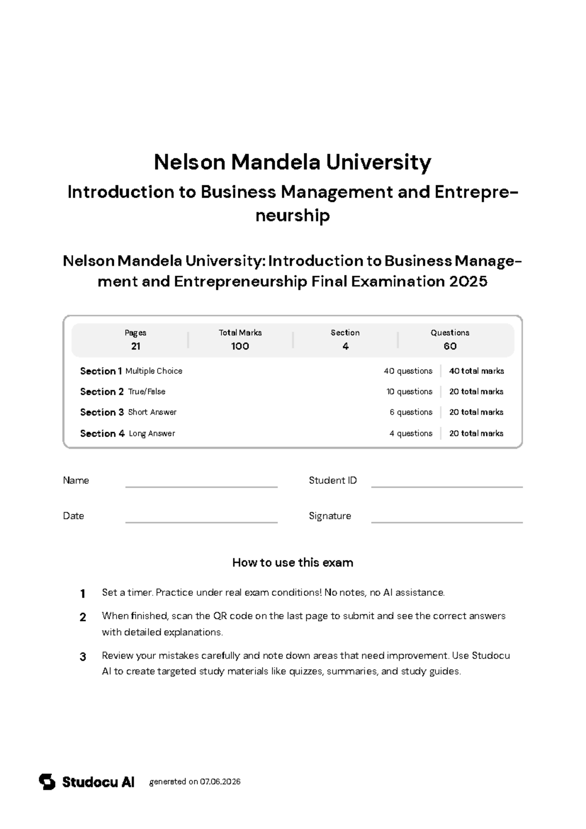 Introduction to Business Management Final Exam 2025 - Studocu