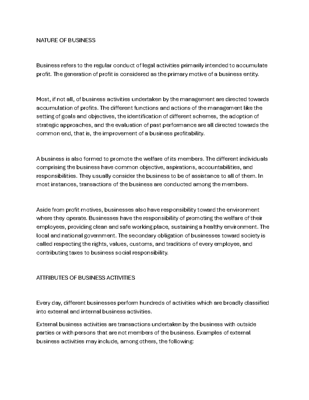 FOA- Chapter 1: Understanding the Nature of Business Activities - Studocu