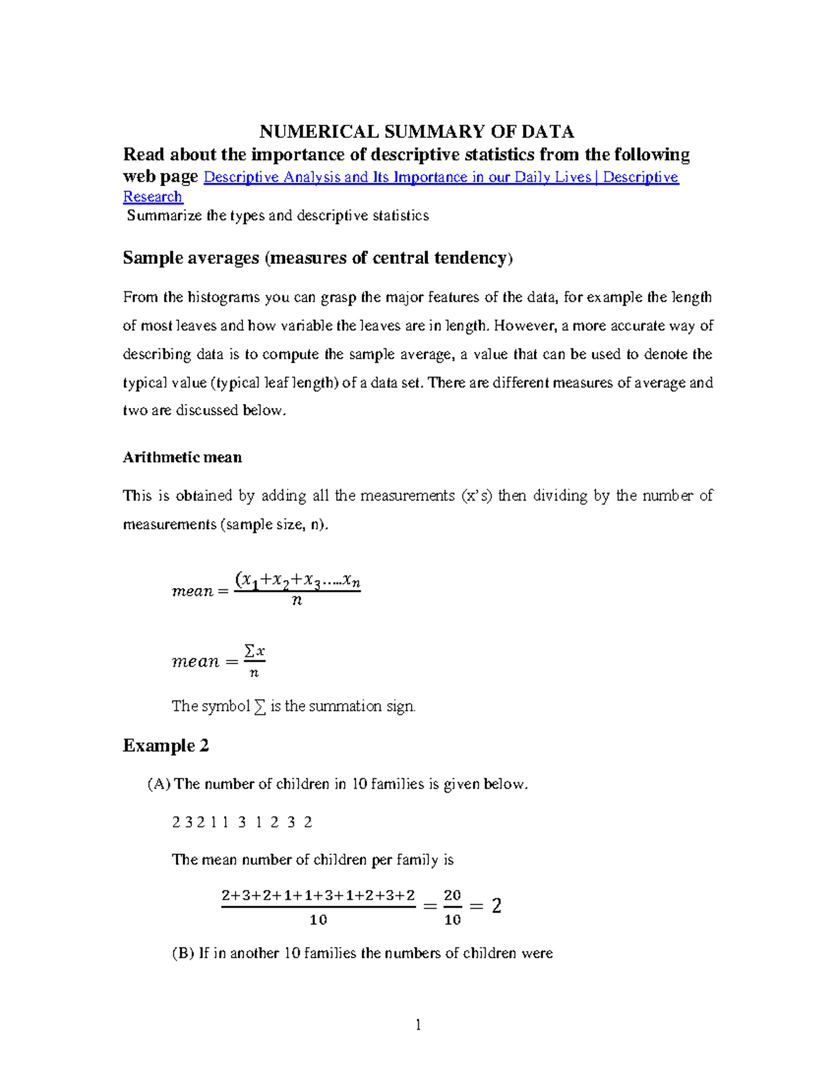 Descriptive statistics additional notes - NUMERICAL SUMMARY OF DATA ...