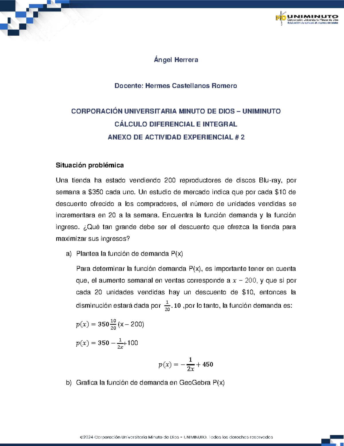 Cálculo Diferencial e Integral: Actividad Experiencial U2 - Studocu
