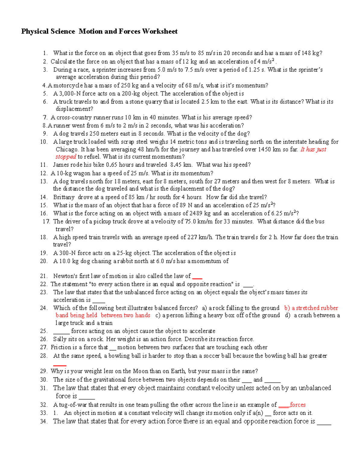 Physical Science Motion and Forces Worksheet - Deprecated API usage ...