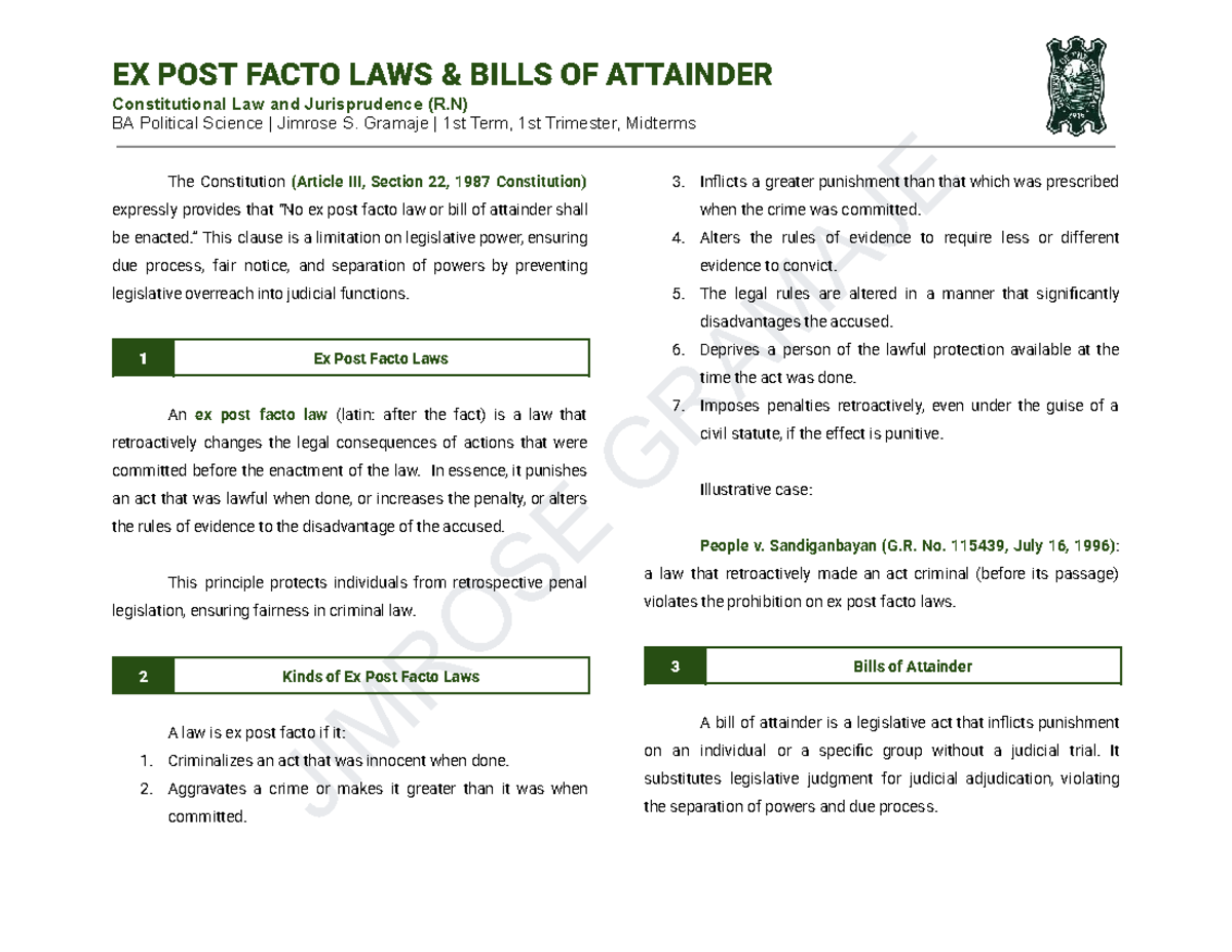 Ex Post Facto Laws & Bills of Attainder (R.N) BA Political Science ...