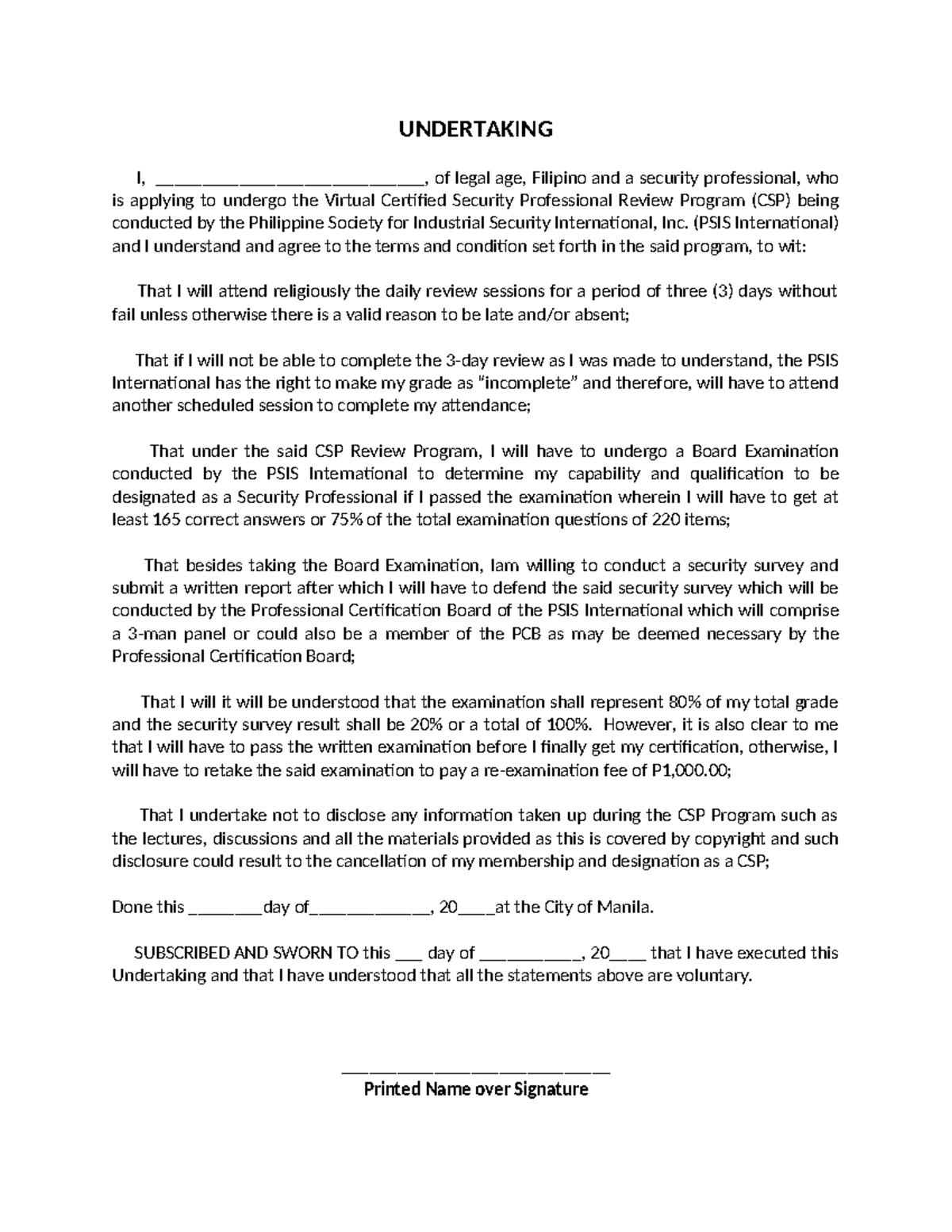 CSP Review Program Undertaking - PSIS International Agreement - Studocu