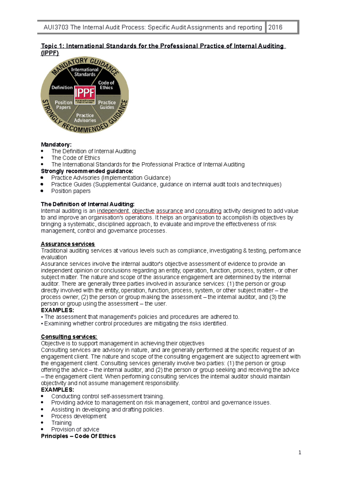 AUI3703 Summary Notes on Internal Auditing Standards and Practices ...