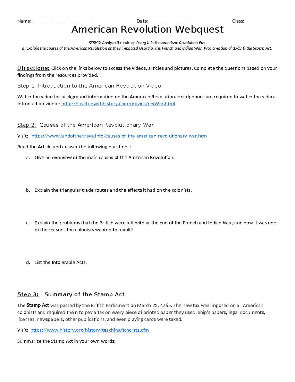 Christopher Broome - American Revolution Webquest - Name ...