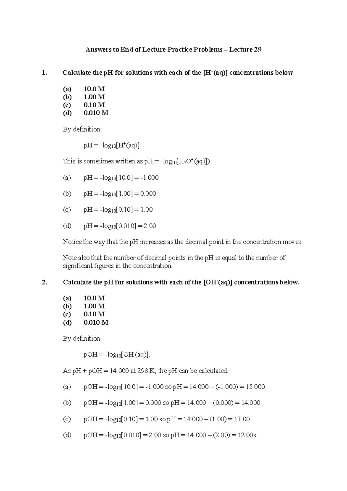 Answers to End of Lecture Practice Problems Lecture 29 - Answers to End ...