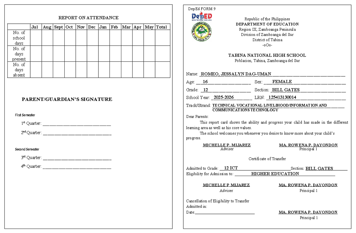 DepEd FORM 9 Attendance Report - Bill Gates Grade 12 - Studocu