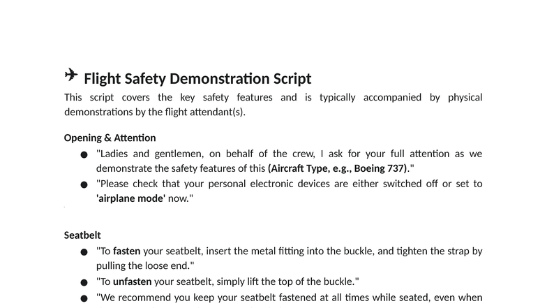 Safety Demonstration Script for Flight Attendants - Studocu