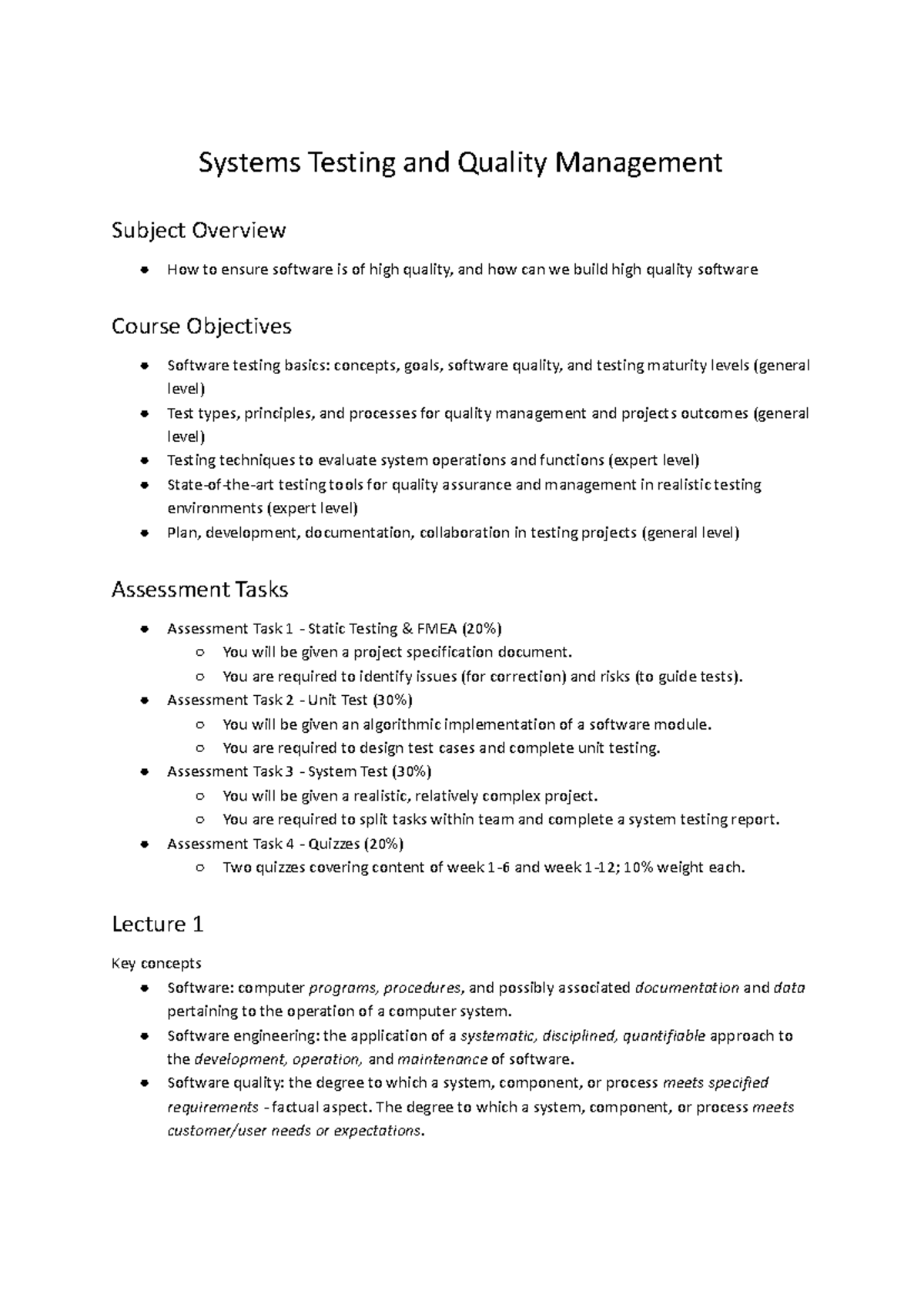 31282 Systems Testing & Quality Management Overview - Studocu