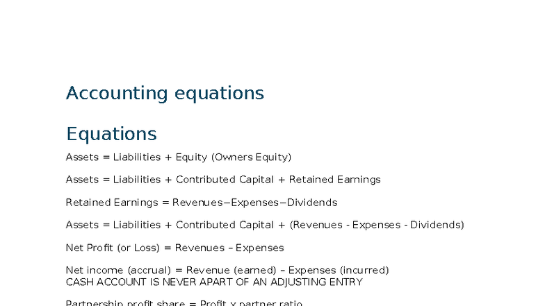Accounting Equations: Assets, Liabilities, and Equity Overview - Studocu