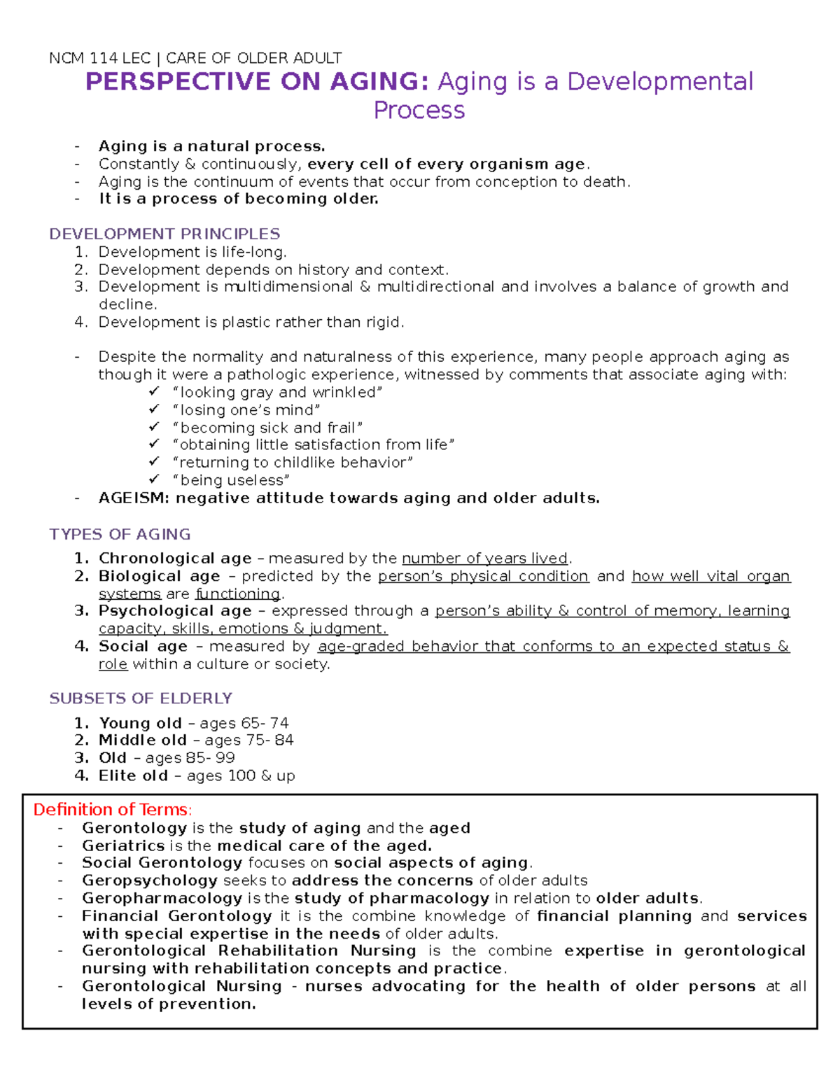 NCM 114 LEC - Perspective ON Aging (Aging is a Developmental Process ...