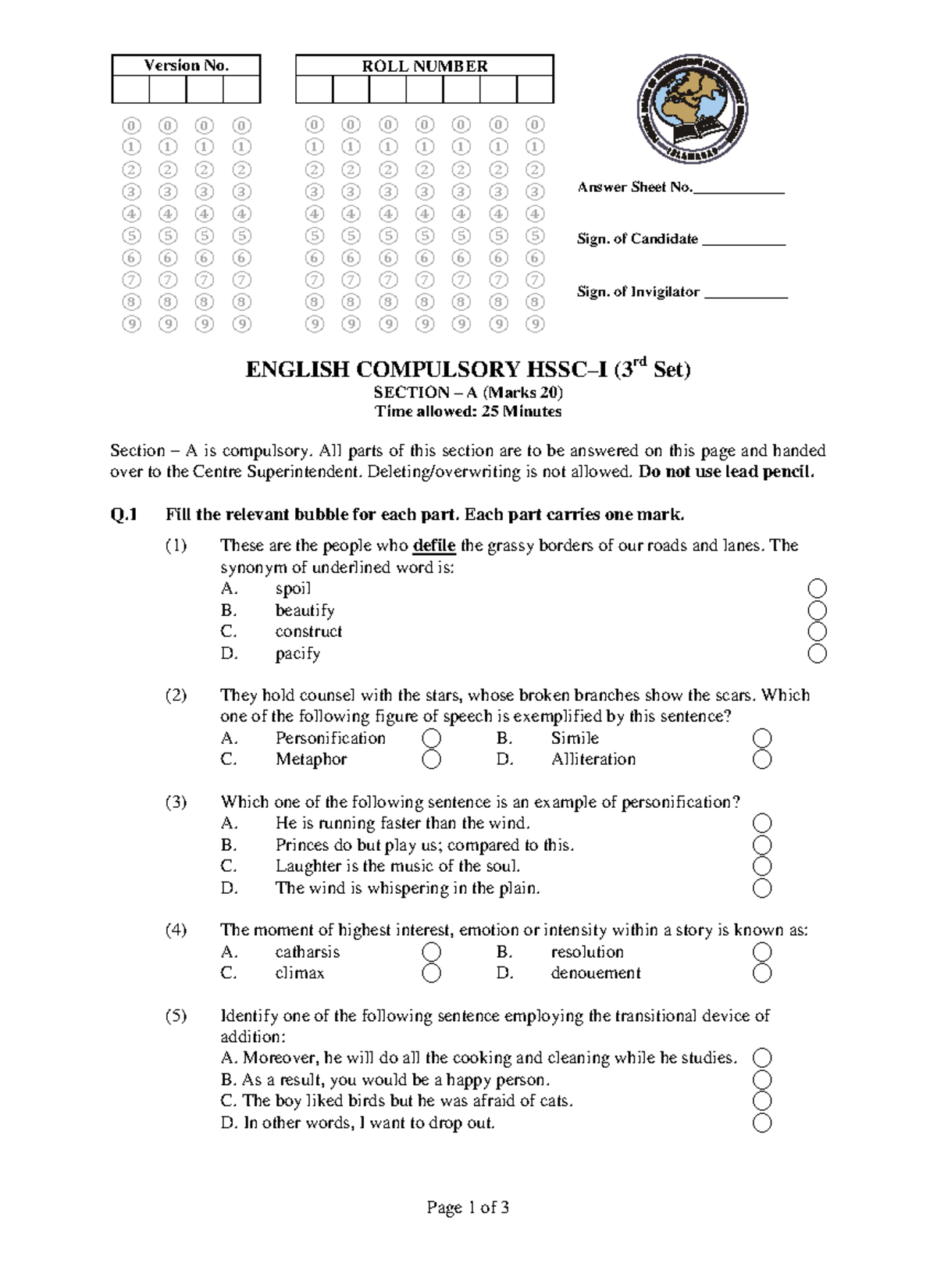 English HSSC-I Model Question Paper (3rd Set) - Studocu