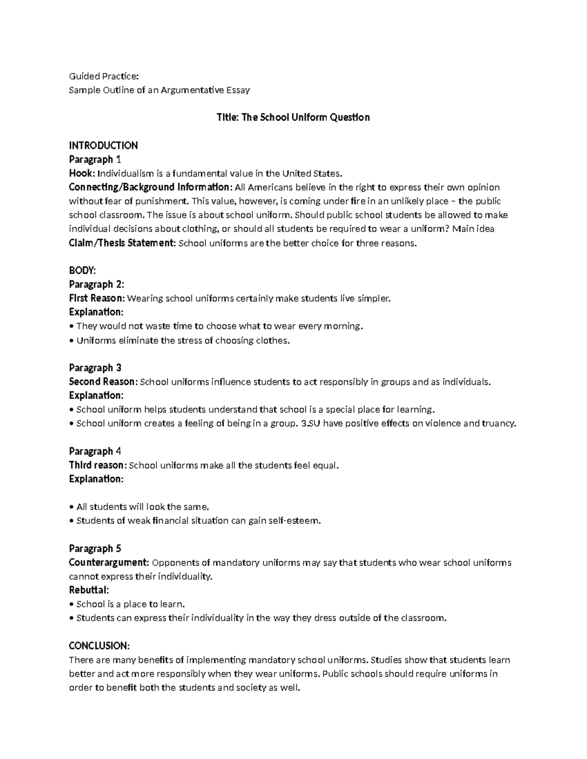 ARG 101: Sample Outline for Argumentative Essay on School Uniforms ...