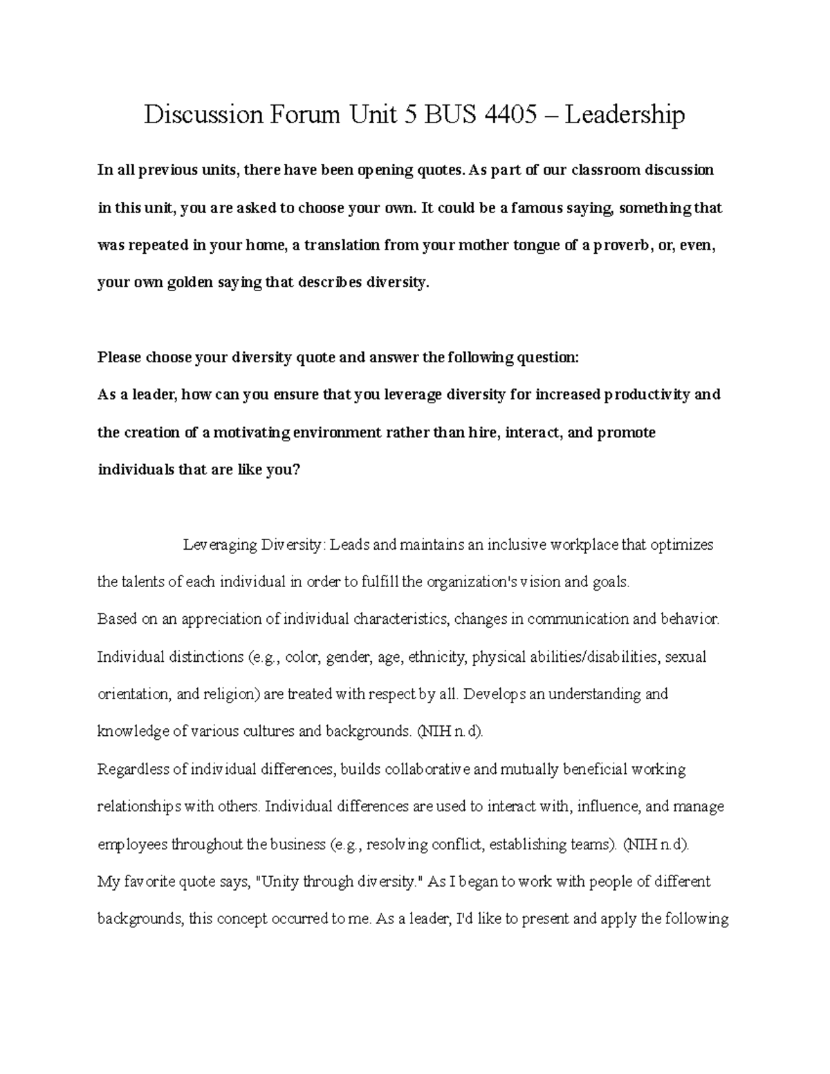 Discussion Forum Unit 5 BUS 4405 Discussion Forum BUS 4405 Leadership ...