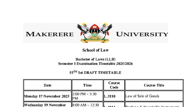 LLB Semester I Exam Timetable - 55TH Draft - Studocu